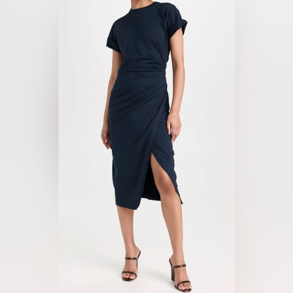 Frame Denim | Dresses | New Frame Faux Wrap Midi Dress In Navy Large ...